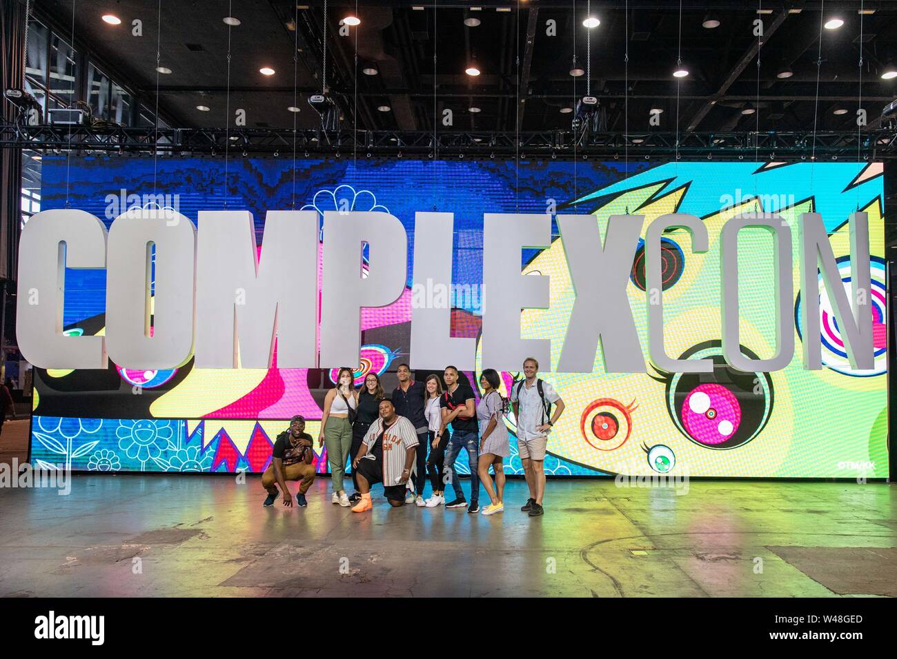 July 20, 2019 - Twin Lakes, Wisconsin, U.S - Attendees pose in front of the digital marquee ...