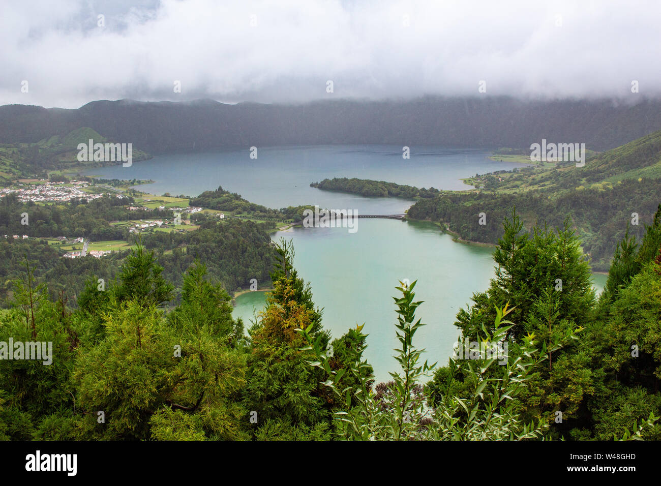 View over "Lagoa das Sete Cidades" from Vista do Rei viewpoint on a ...