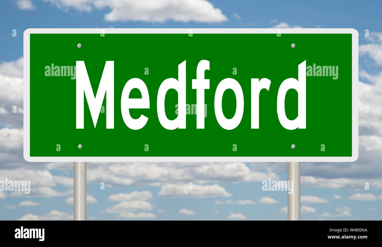 Rendering of a green highway sign for Medford Oregon Stock Photo - Alamy