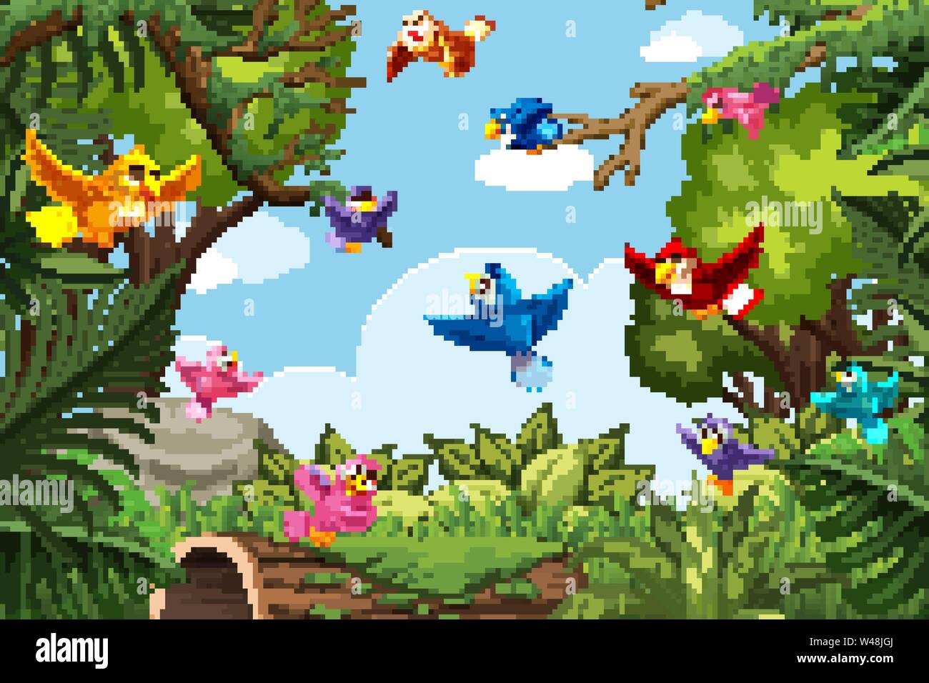 Colorful birds in jungle scene illustration Stock Vector Image & Art ...