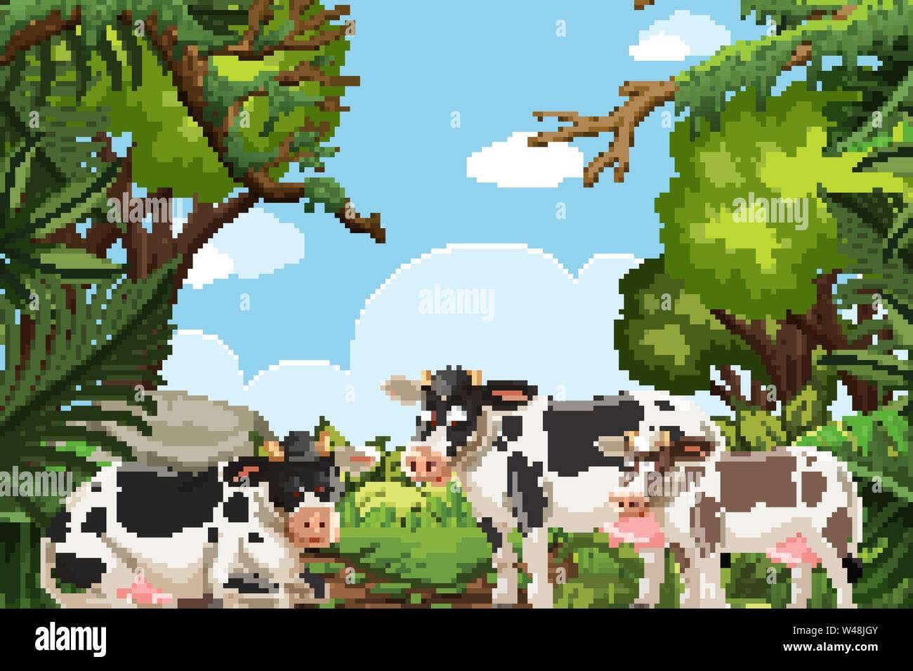Cows in jungle scene illustration Stock Vector Image & Art - Alamy
