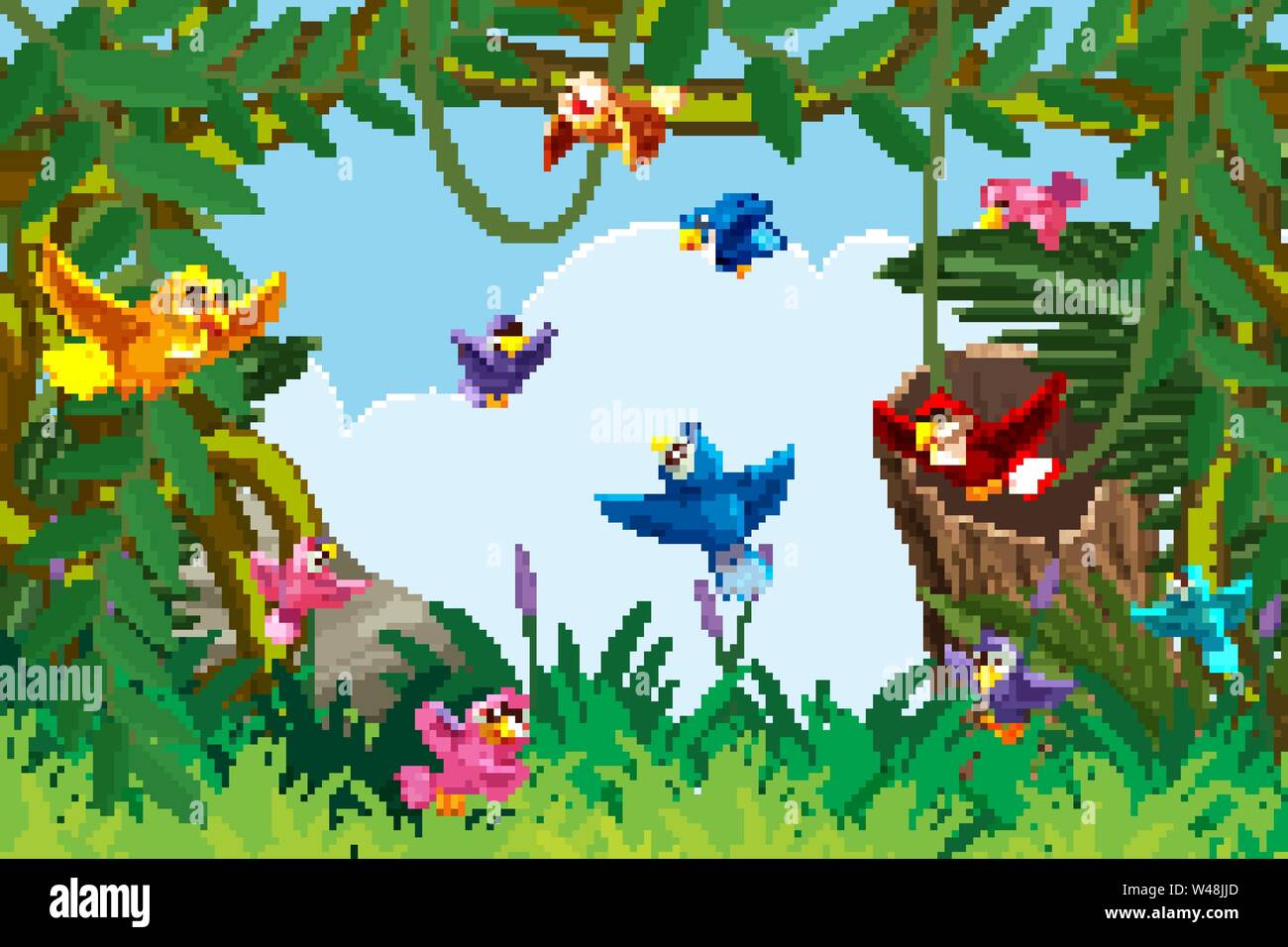 Colorful birds in nature scene illustration Stock Vector Image & Art ...