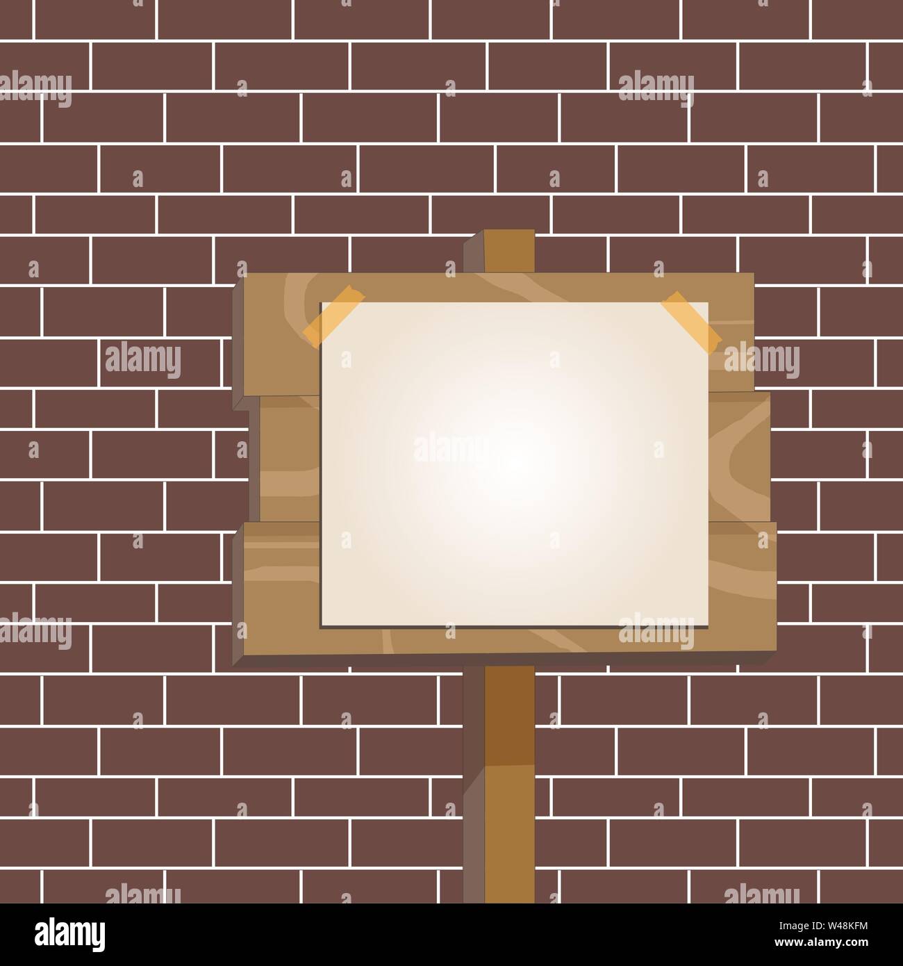 Wood plank wooden stick pole paper note attached adhesive tape empty ...