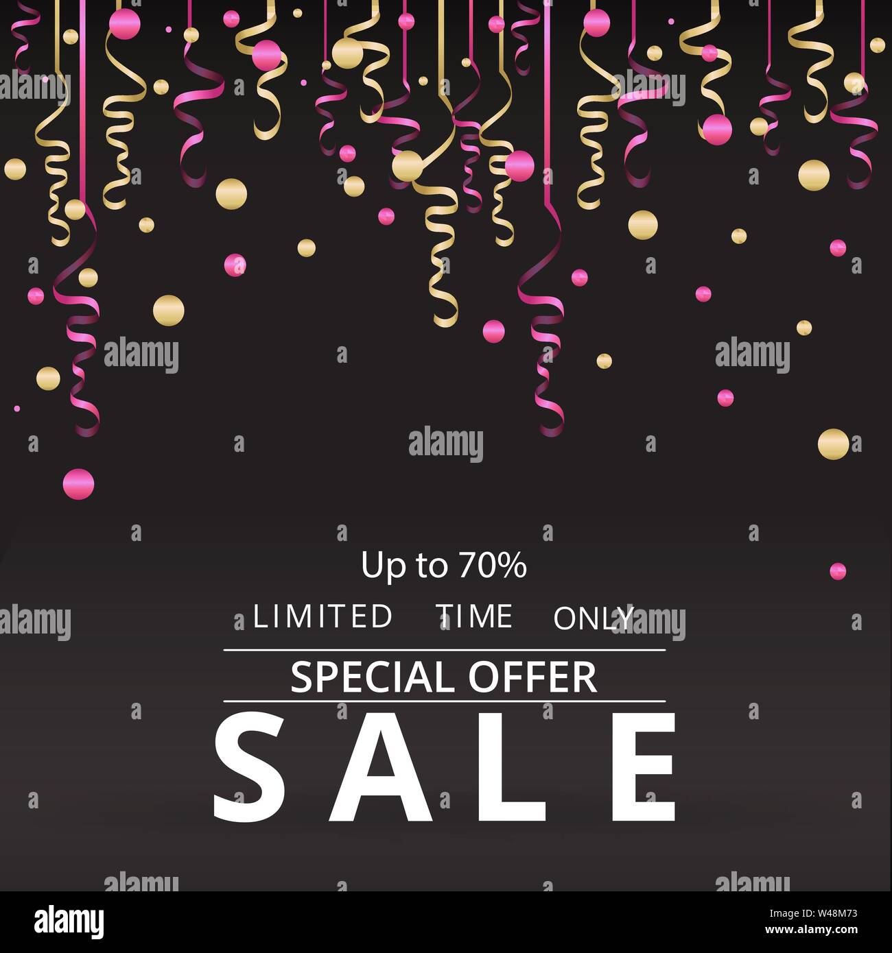 Sale flayer with confetti on black background, with golden and pink ...