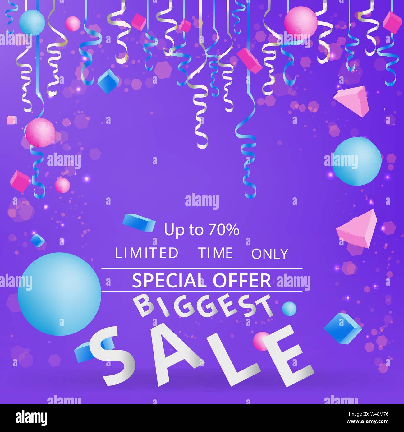 Sale flayer with confetti on neon violet background, with blue and pink ...