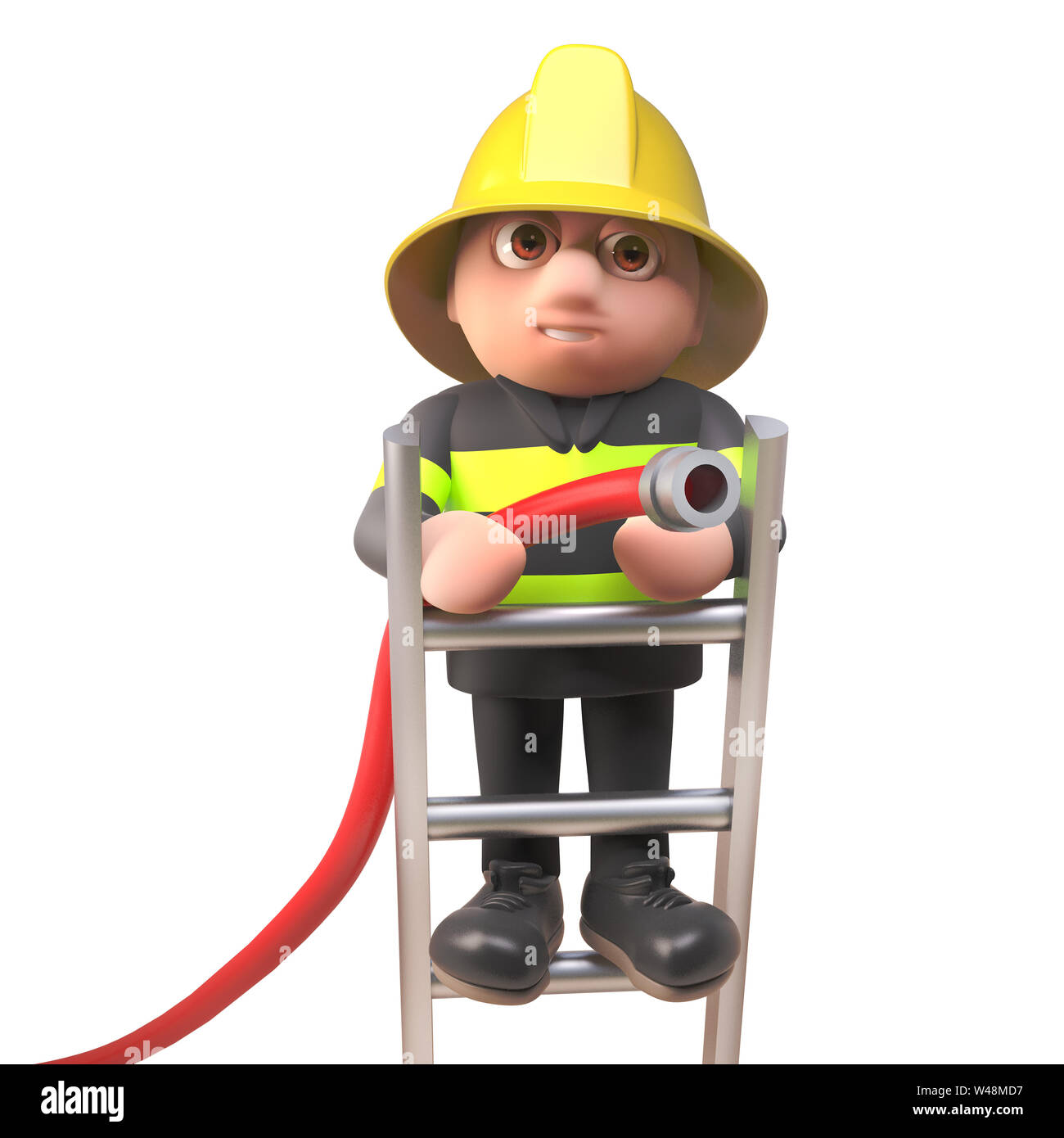 Brave fireman firefighter character fighting a fire with a hose up a ...