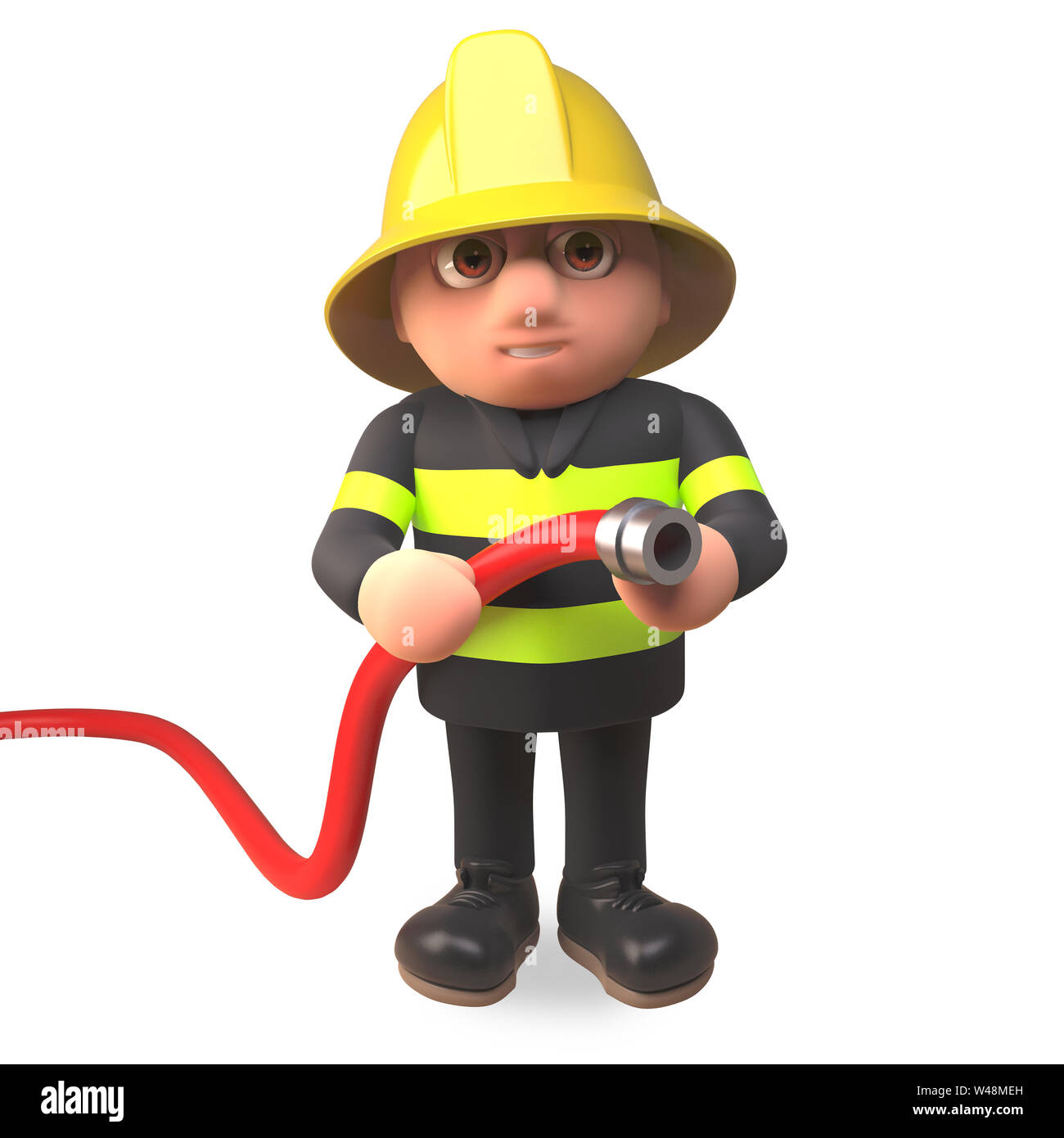 3d fireman firefighter character holding a fire hose to fight a blaze ...