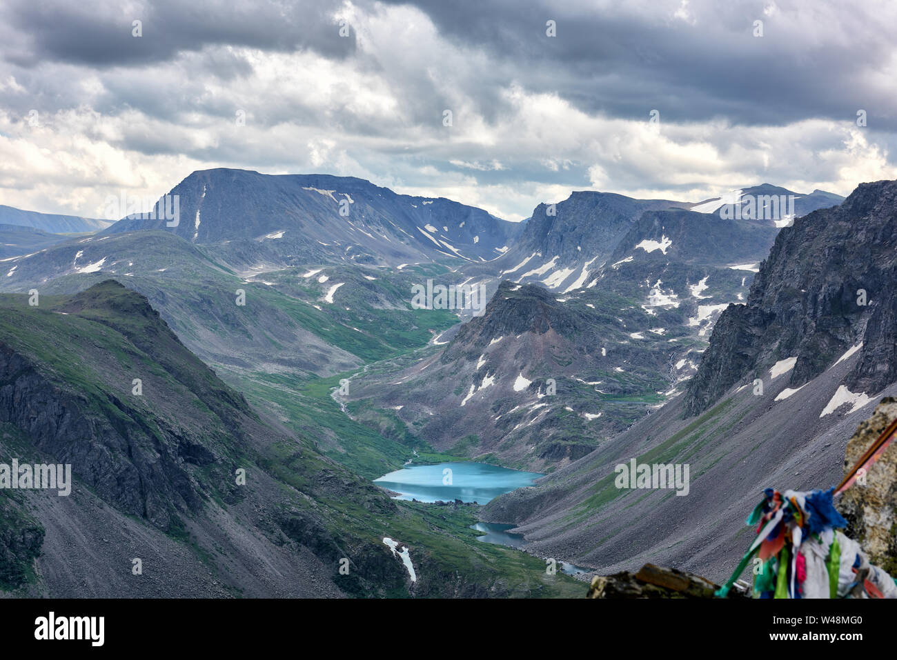 Highland in Eastern Sayan. Top view of small valley with beautiful lake ...