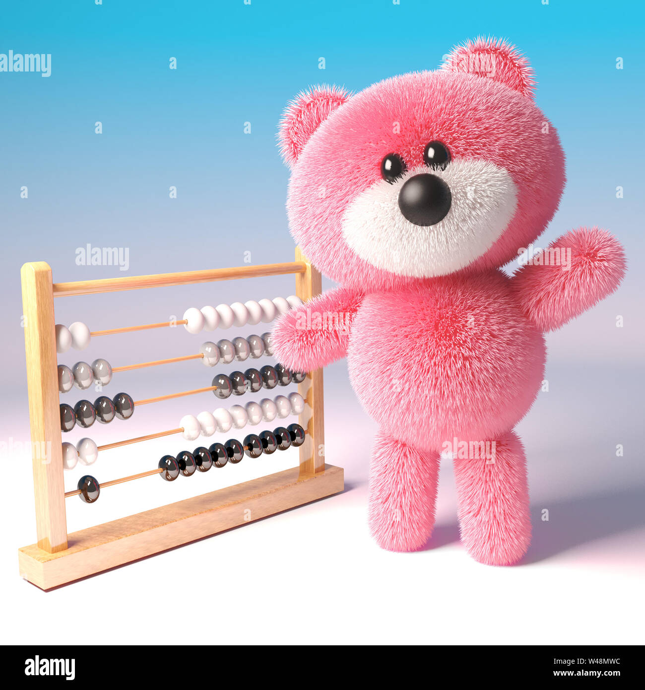 Clever teddy bear with pink fur standing by an abacus ready to learn ...