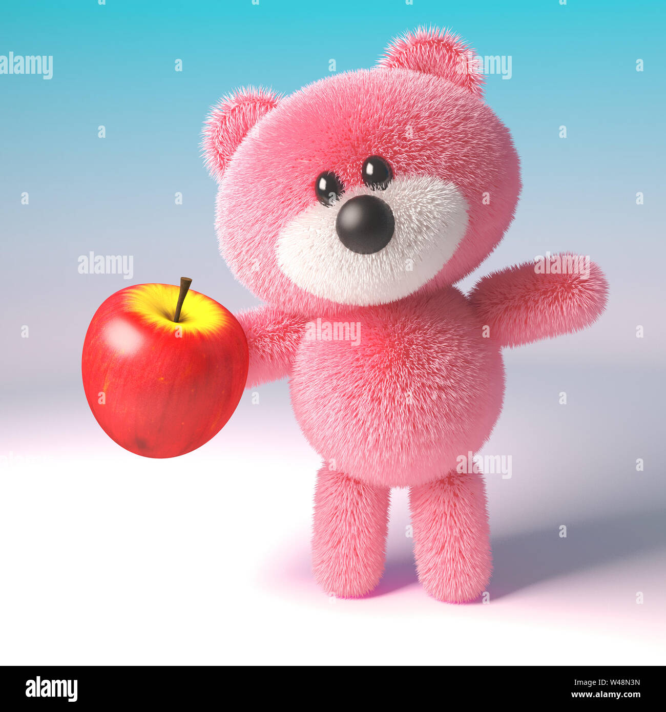 Hungry pink fluffy teddy bear eating a delicious healthy red apple, 3d ...