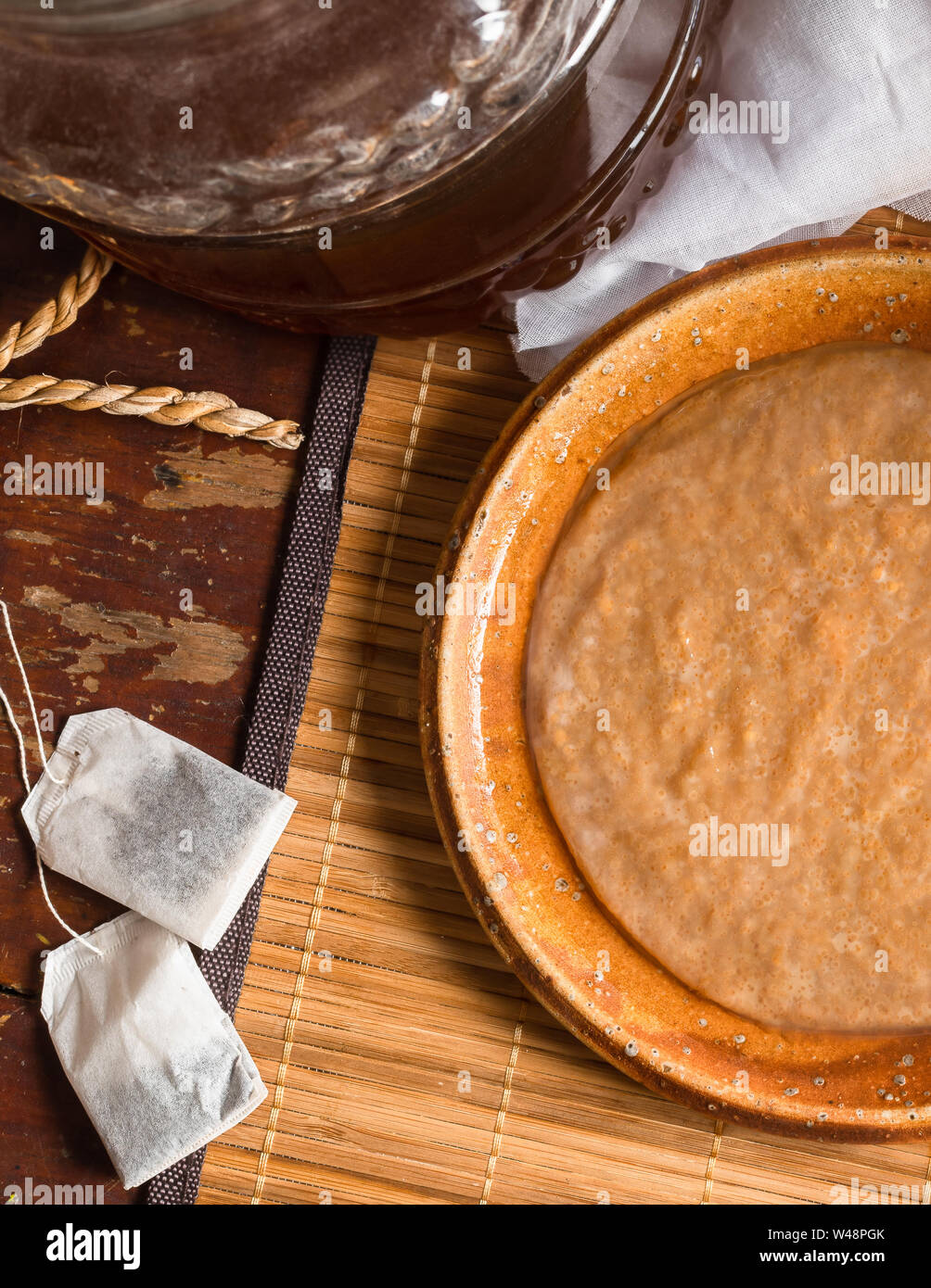 Scoby with Kombucha tea popular fermented healthy drink natural high ...