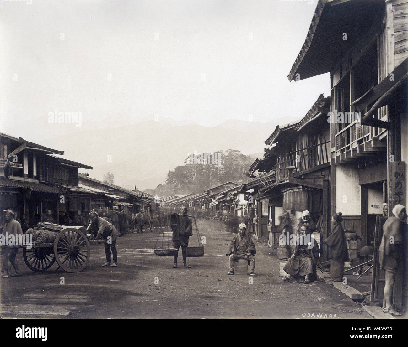 [ 1870s Japan - Japanese Street View of Odawara ] — People crowd the ...