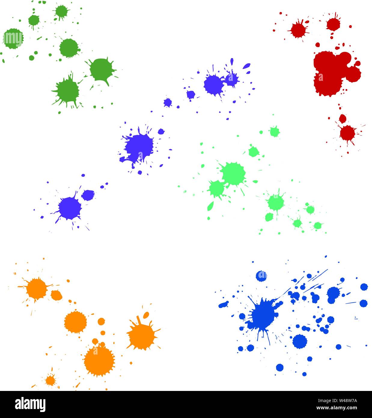 Close up many colorful multicolor paint drop splat stains isolated on ...