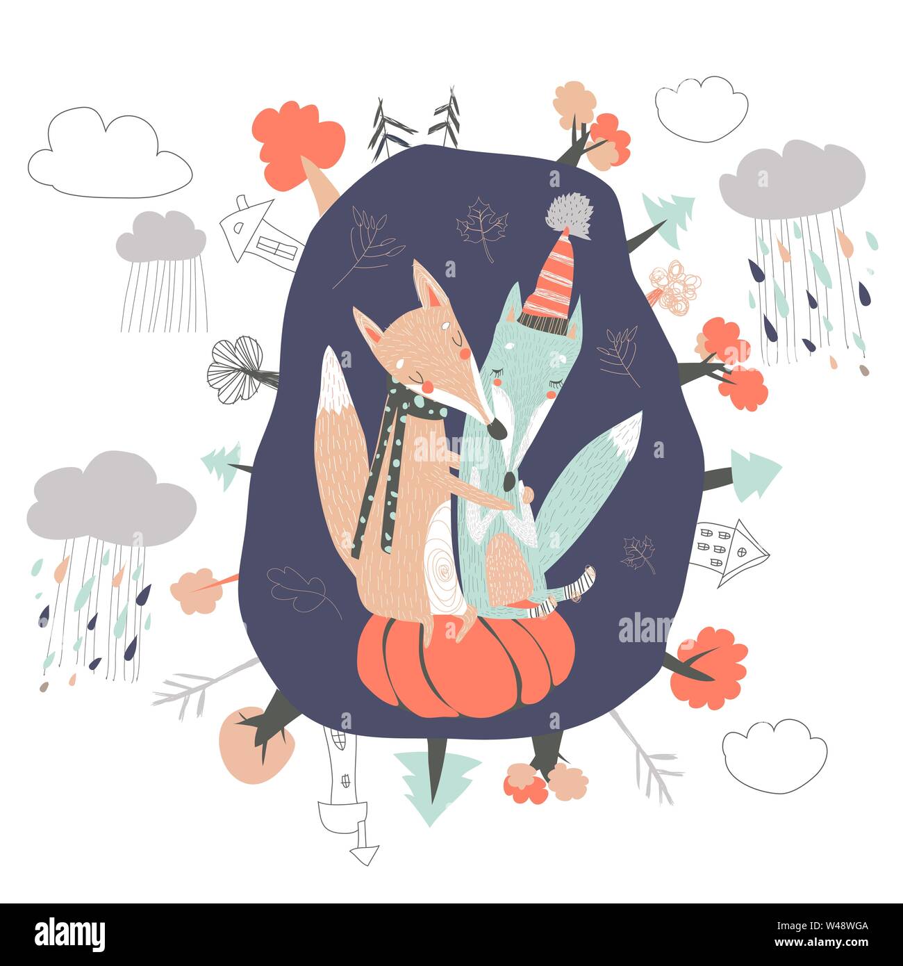 Cute cartoon foxes embracing in den. Hello autumn Stock Vector Image ...