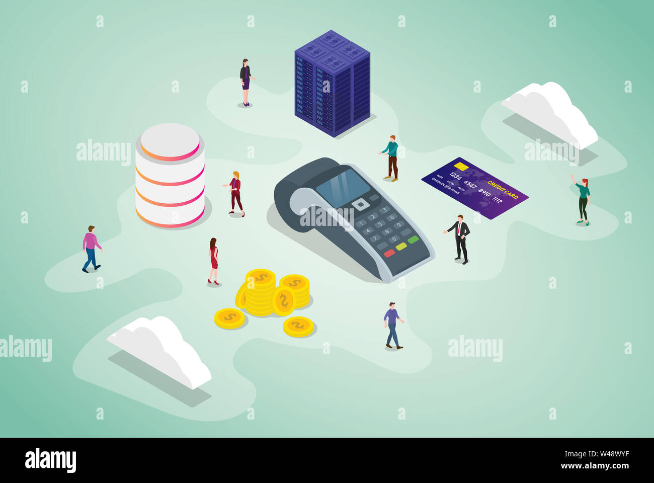 pos payment terminal concept with team people and credit card ...