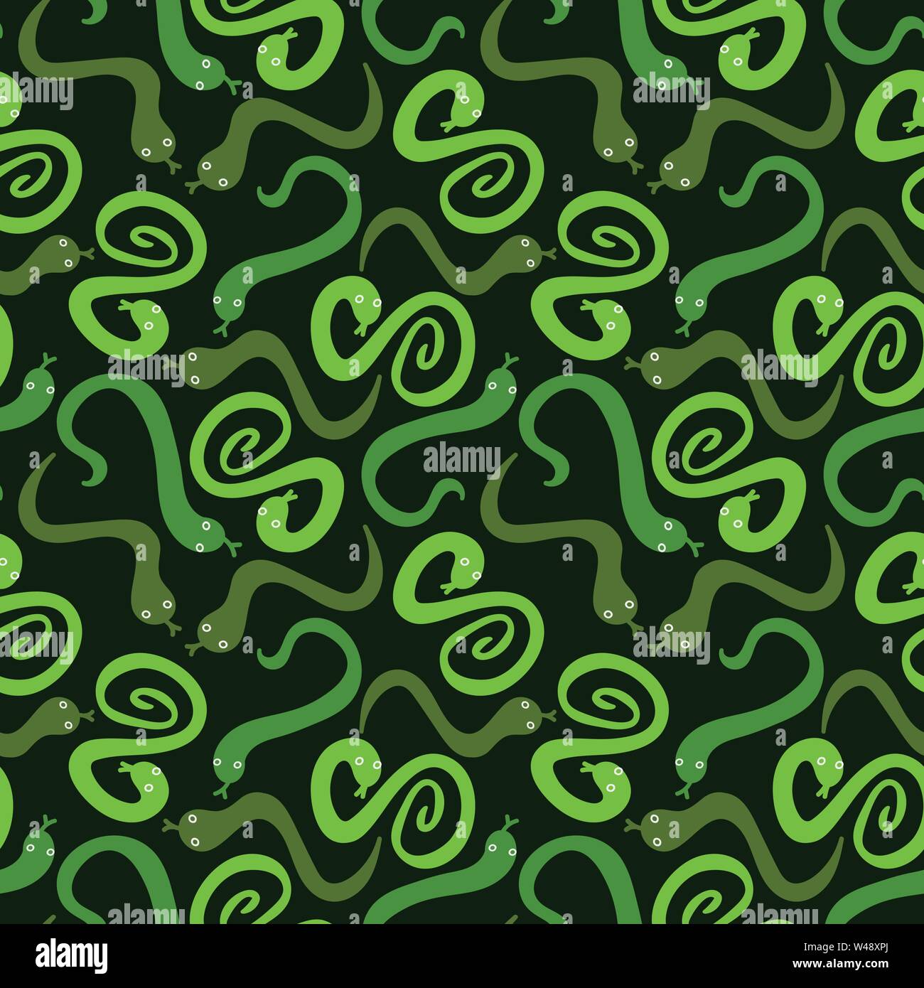 A seamless vector pattern with green snakes scattered on dark ...