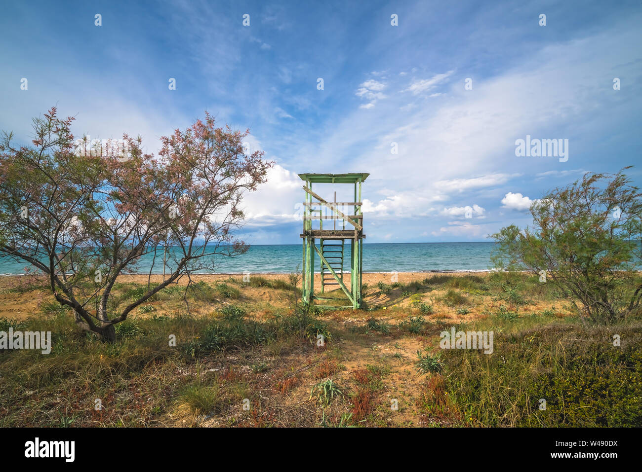 Wide angle view of the wooden Lifeguard lookout on the Tsilivi Beach in ...