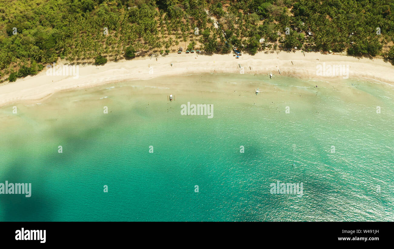 Tropical sandy beach with tourists in blue water, aerial view. Nagtabon ...