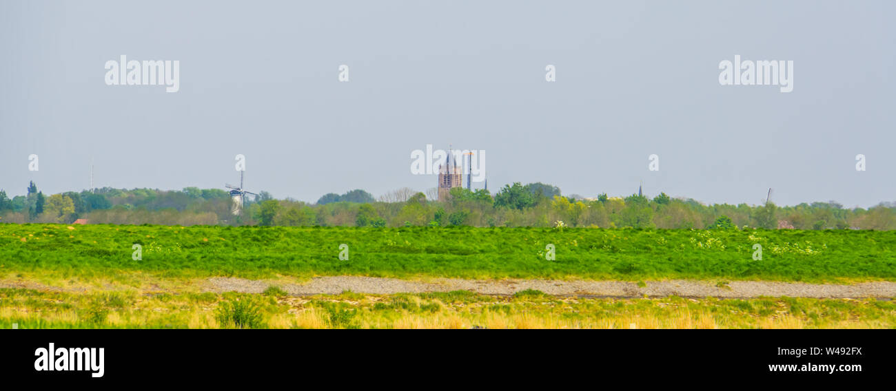typical dutch green landscape with a church and windmills, skyline ...