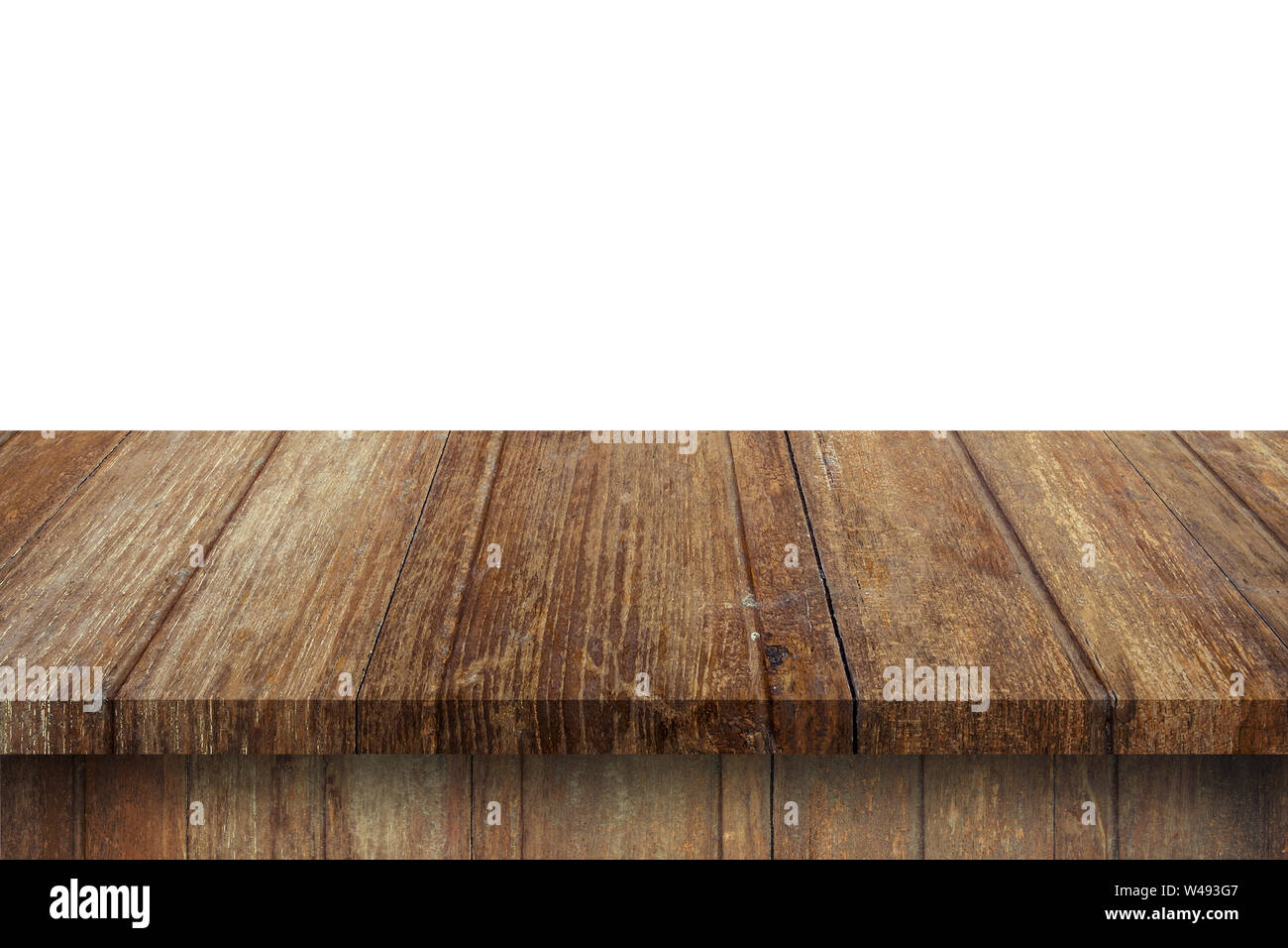Empty wood table on isolate white background and display montage with ...