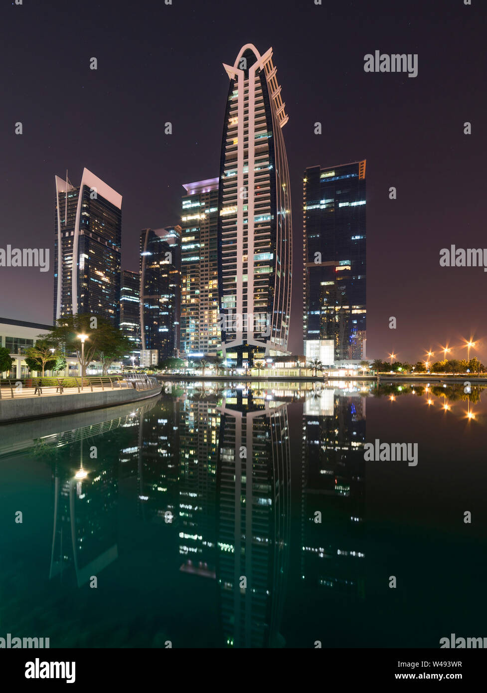 View from Lake to Skyscrapers, Emirates, Dubai, Jumeirah Lakes Towers ...