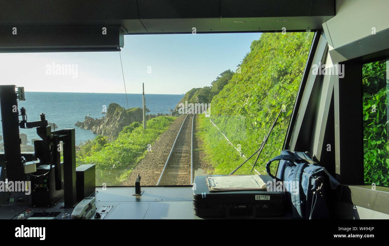 View of Japan Railway Gono line from Resort Shirakami sightseeing train ...
