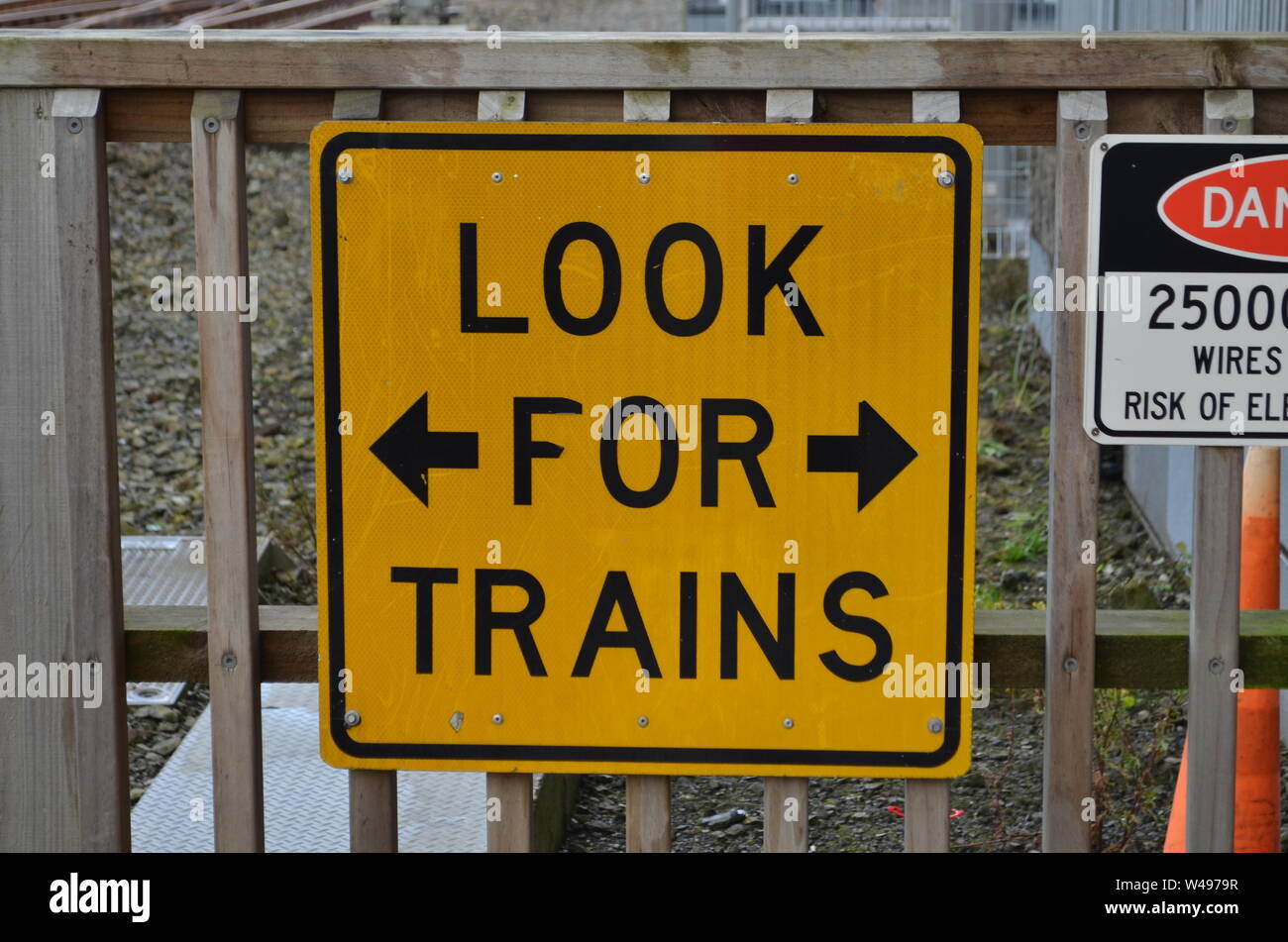 Warning Signs at Railway Crossing Stock Photo - Alamy