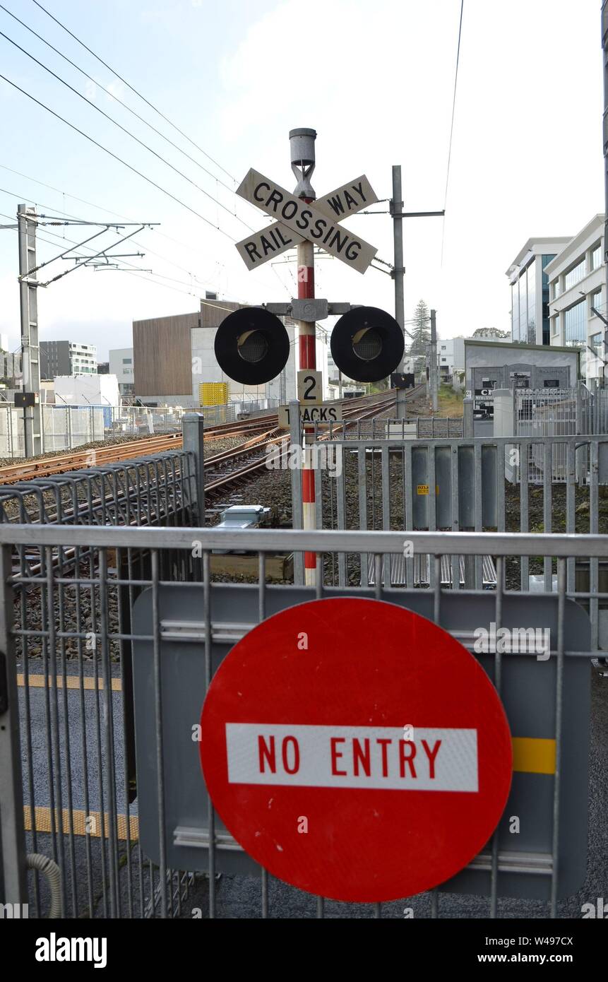 Railway Crossing Lights in Newmarket, Auckland Stock Photo - Alamy