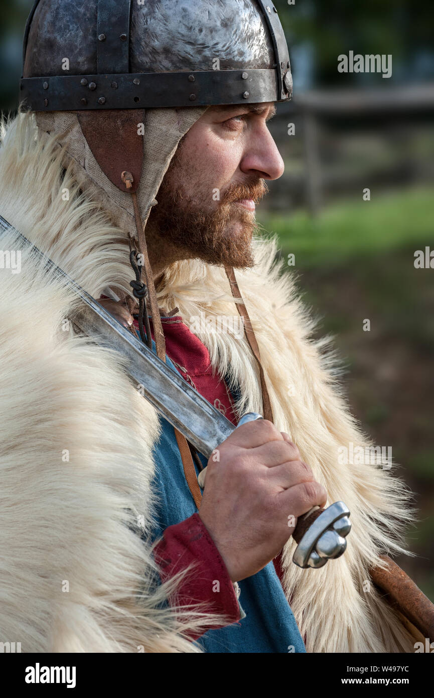 Medieval king warrior with full armor (helmet,sword, shield Stock Photo ...