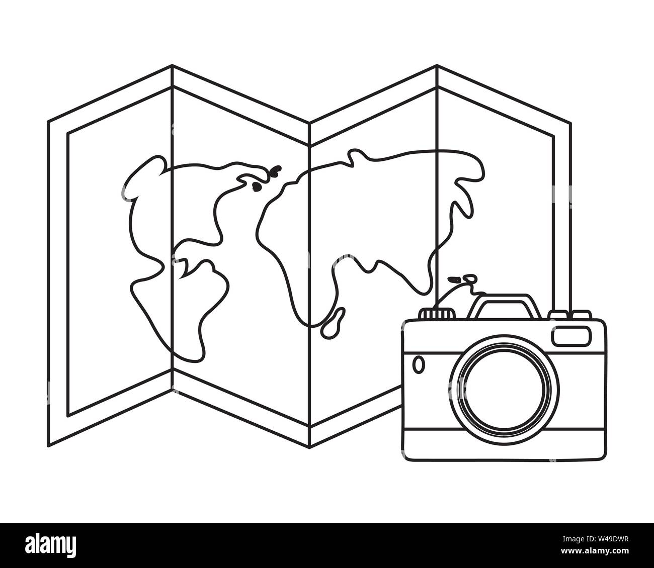 Tourist trip summer travel folded guide map and red camera adventure ...