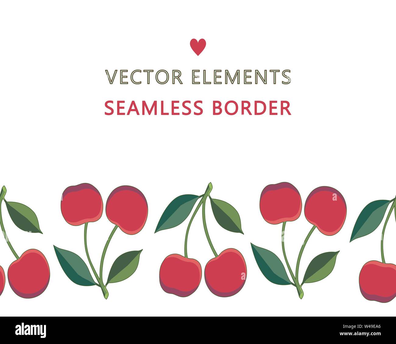 Cherry. Vector seamless border of red cherries with green leaves ...