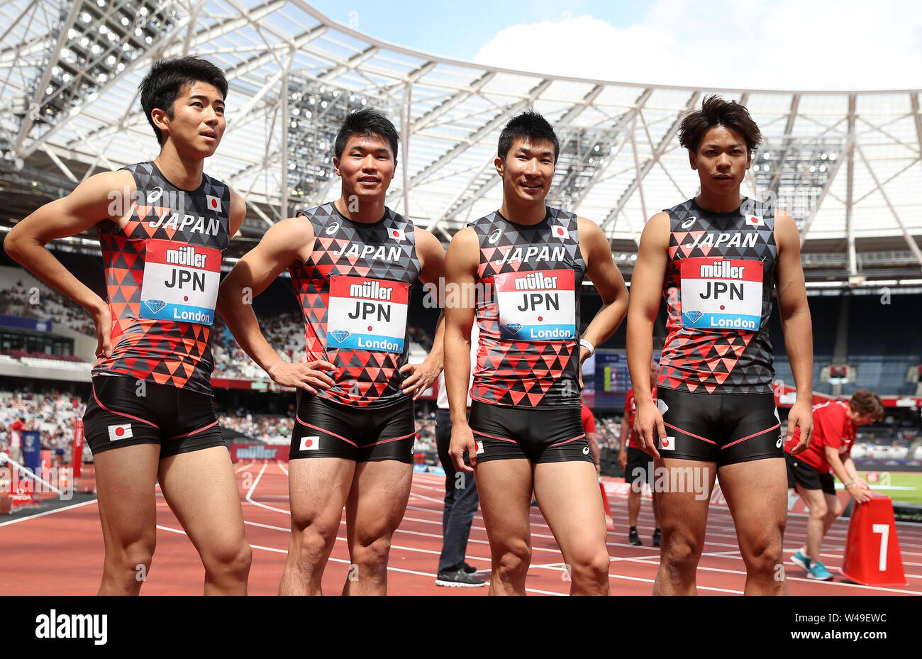 Japan 4x100m Men's Relay Team react after taking silver during day two ...