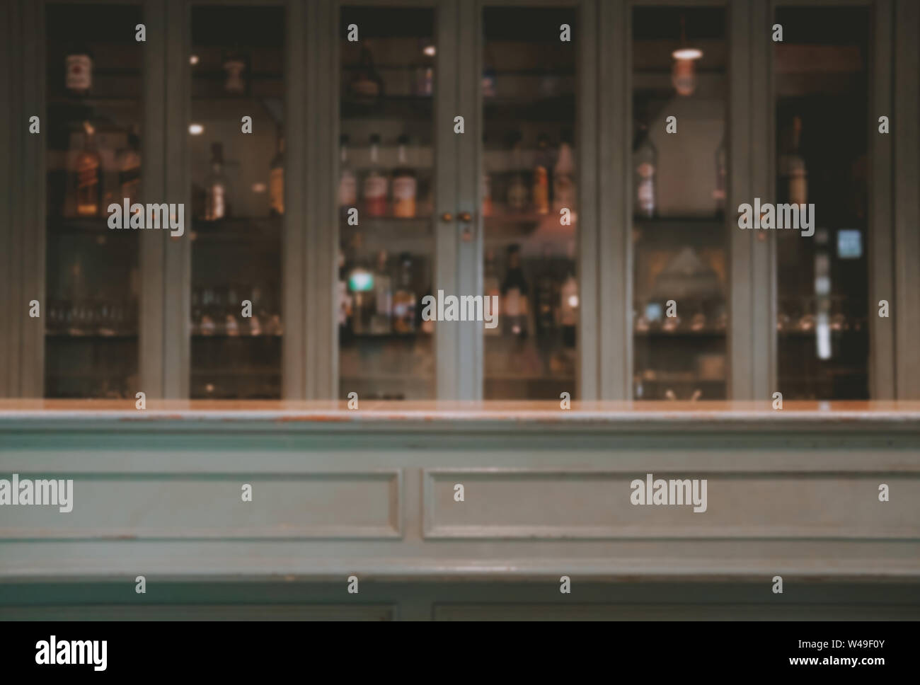blue bar pub counter in cafeteria restaurant. defocused blur background ...