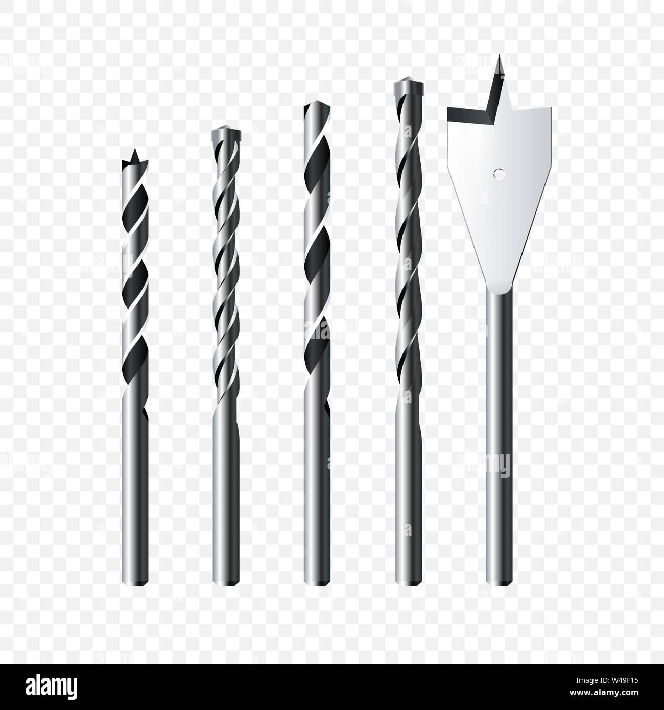 Set of realistic steel Drill Bits. Vector illustration isolated on transparent background Stock ...