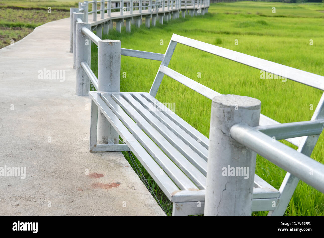 chair bench with rice paddy field view Stock Photo - Alamy