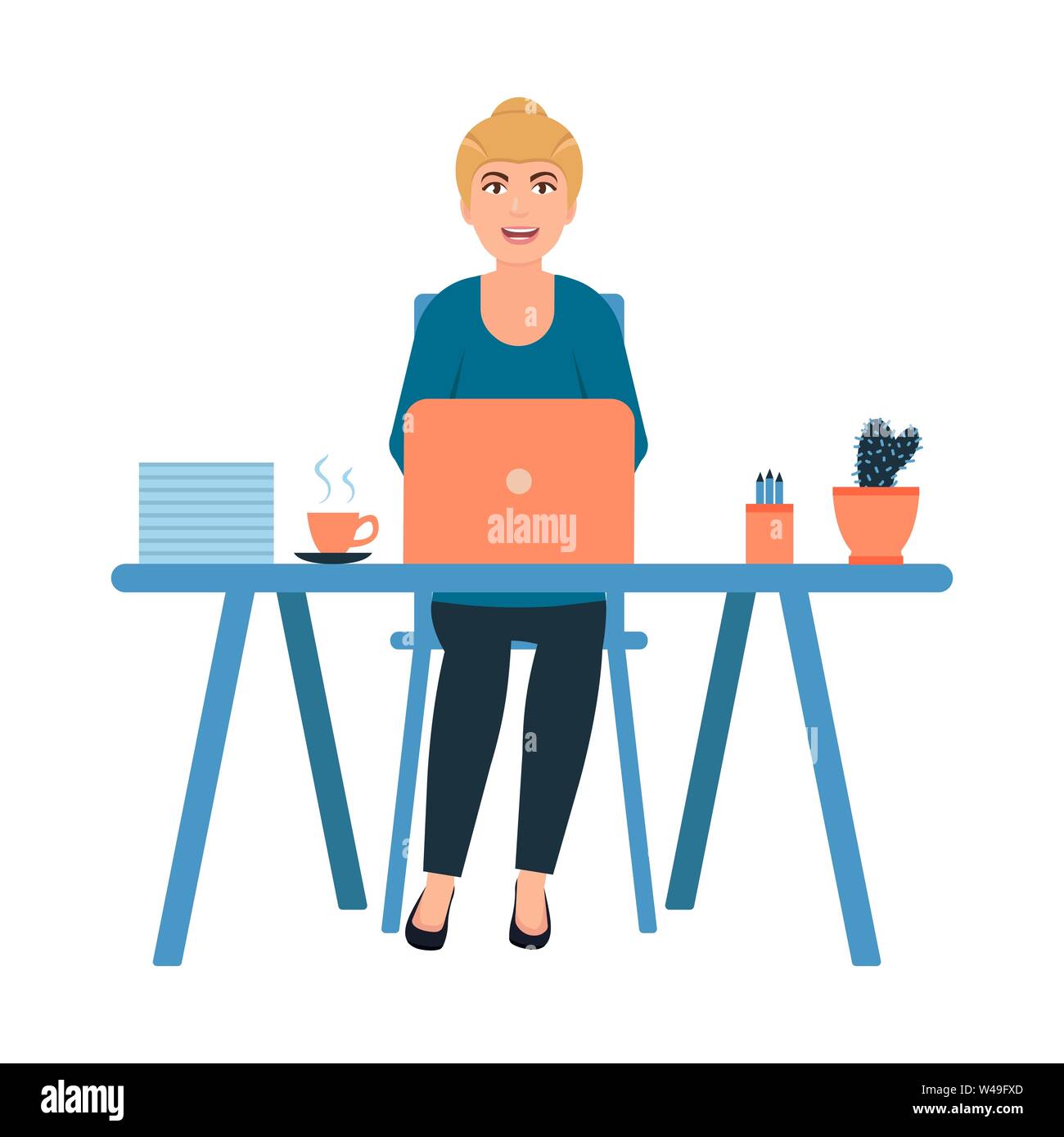 A young girl sits at the workplace, Happy woman work in office, a ...