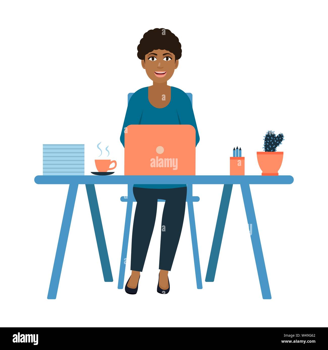 Black young girl sitting at the workplace, Happy woman work in office ...