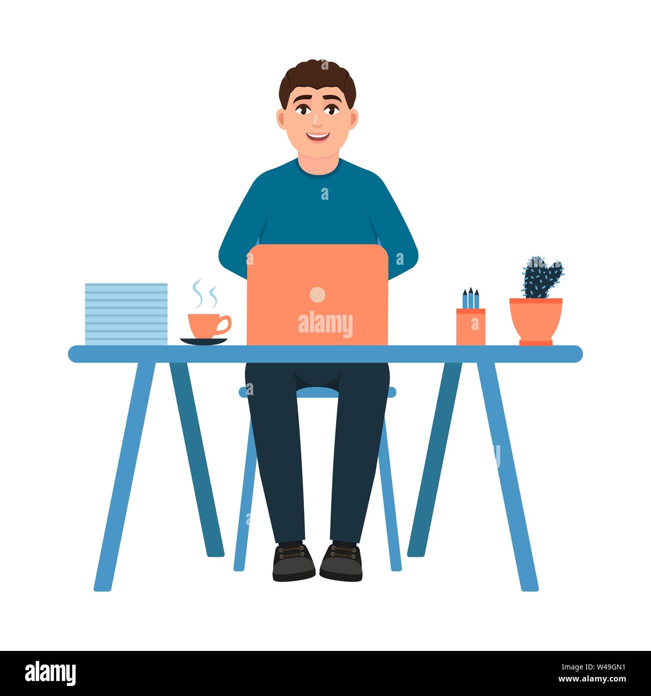 The young guy is sitting at the workplace, Happy man work in office ...