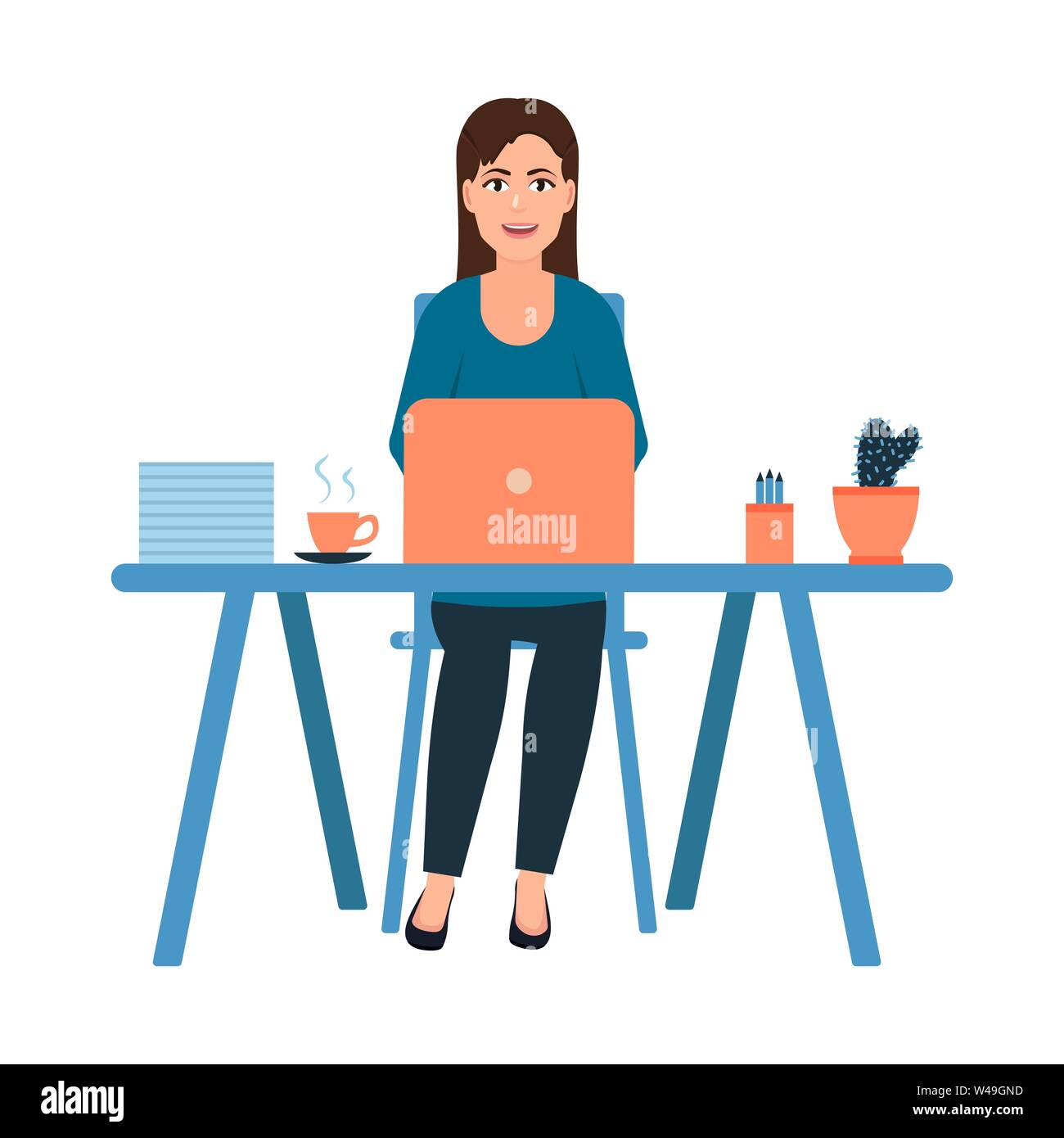 A young girl sits at the workplace, Happy woman work in office, a ...