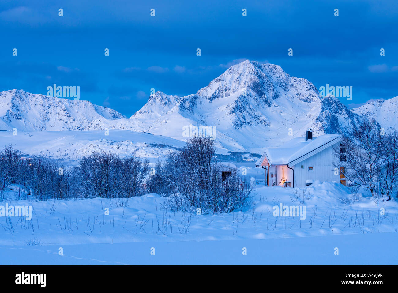 Winter landscape over Buksnesfjorden near Leknes, Lofoten, Nordland ...