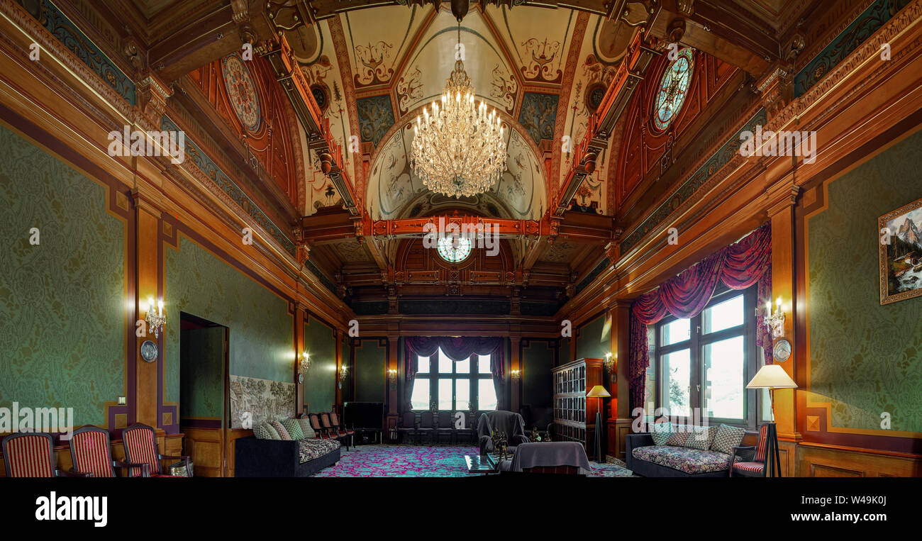 Luxury interior view of big knights hall in medieval castle, panoramic ...