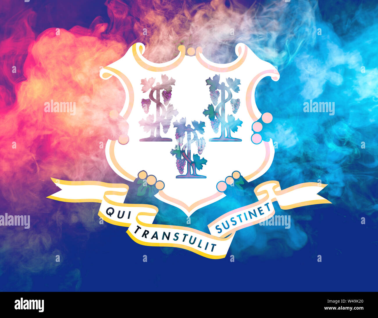 The national flag of the US state Connecticut in against a gray smoke ...