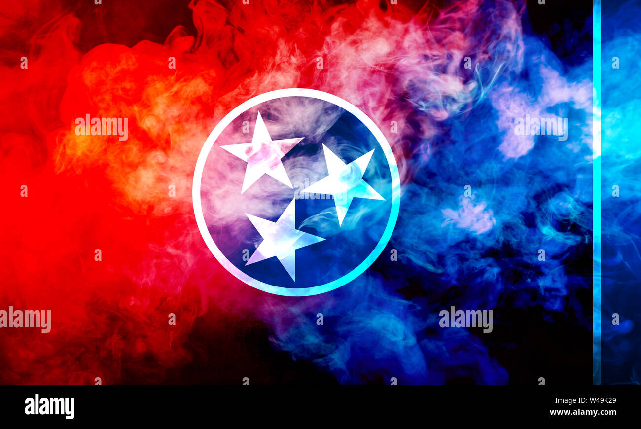 The national flag of the US state Tennessee in against a gray smoke on ...