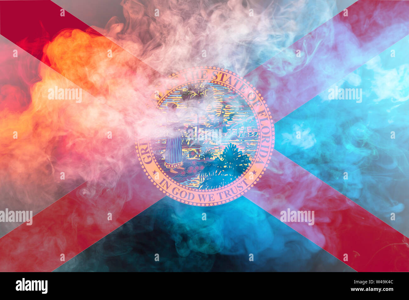 The national flag of the US state Florida in against a gray smoke on ...