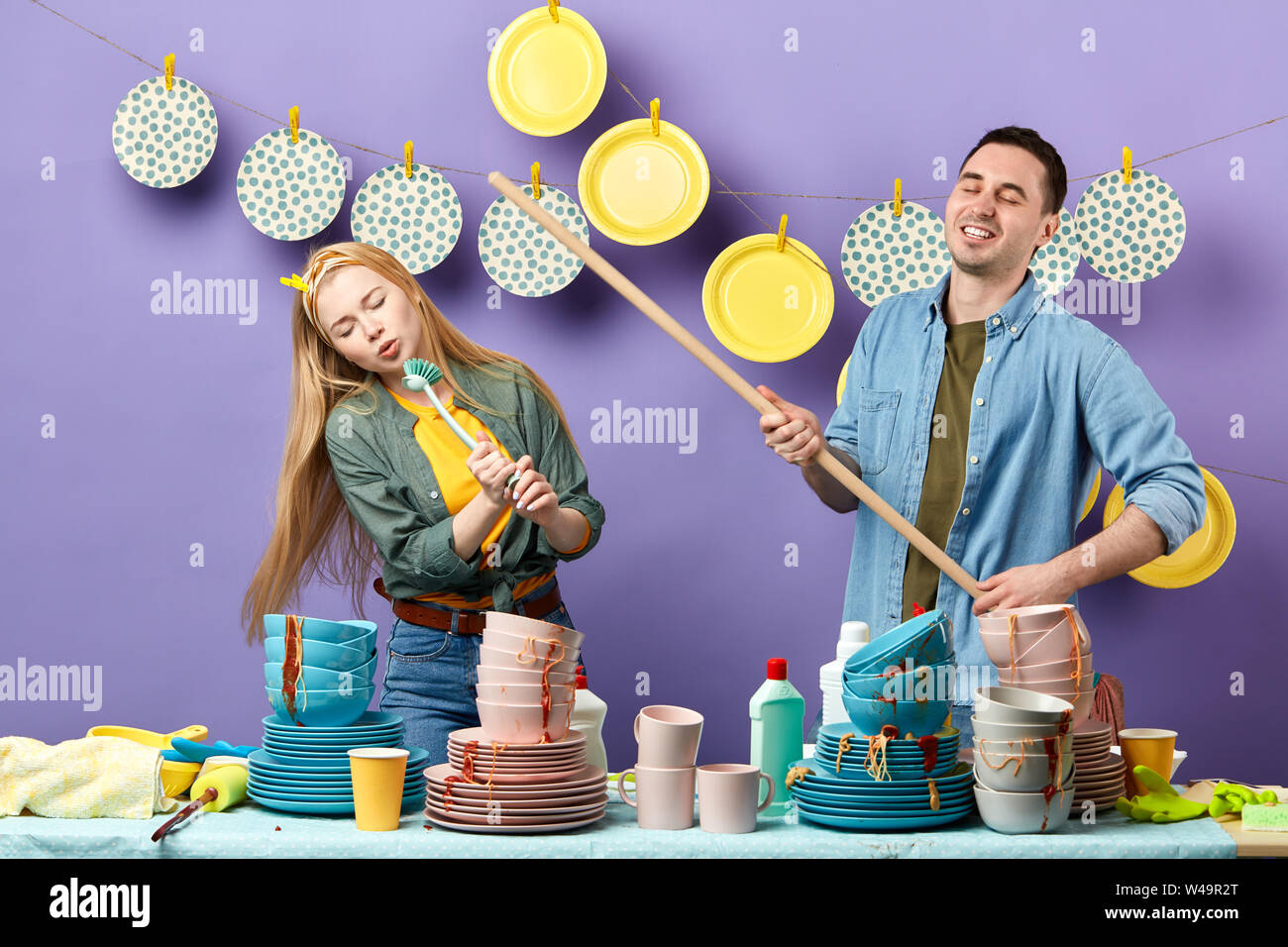 family washing , cleaning kitchen with fun, close up photo.clean ...