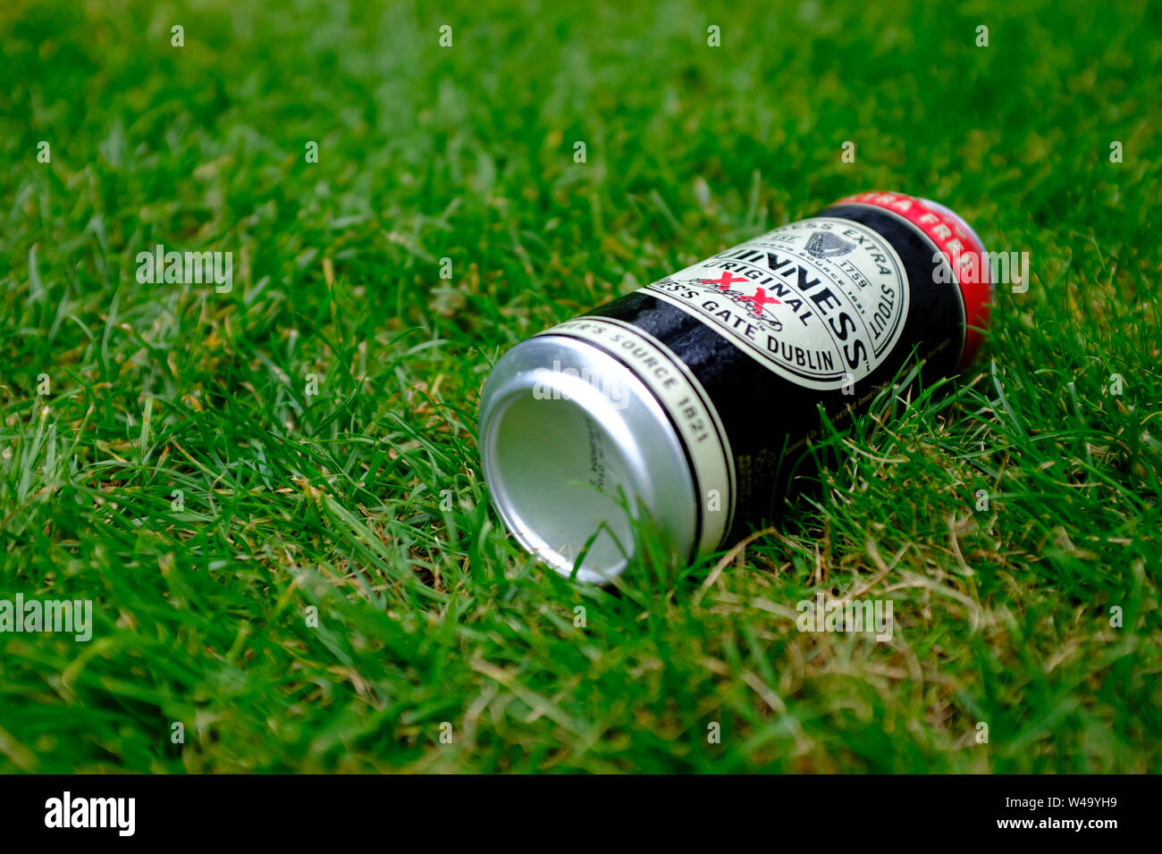 Beer can discarded in a suburban garden UK Stock Photo - Alamy