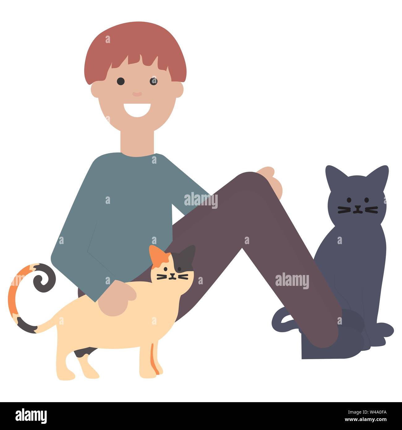 young man with cute cats mascots vector illustration design Stock ...