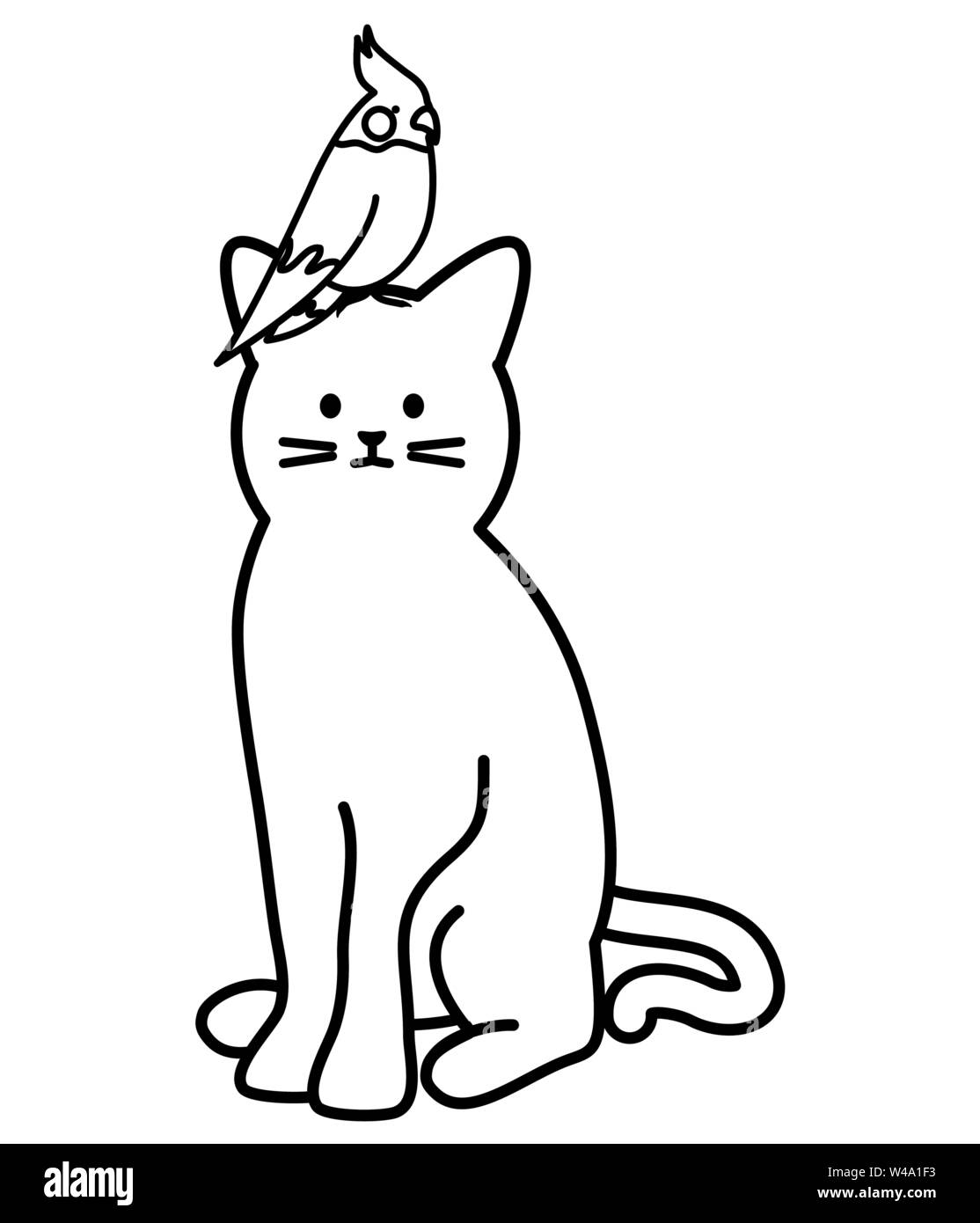 cute cat and bird mascots adorables characters vector illustration ...
