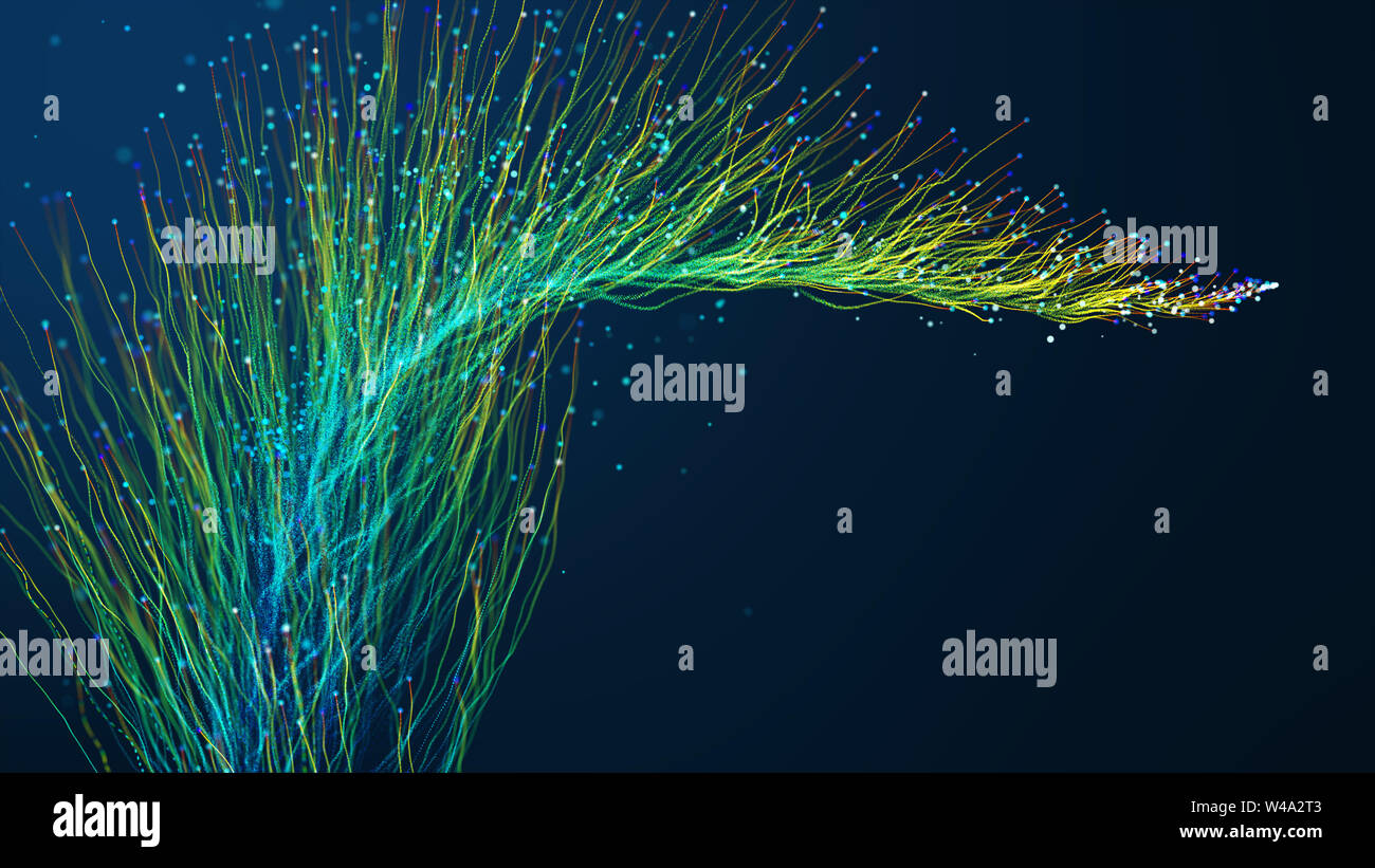 Abstract background with animation glowing particles moving of lines ...