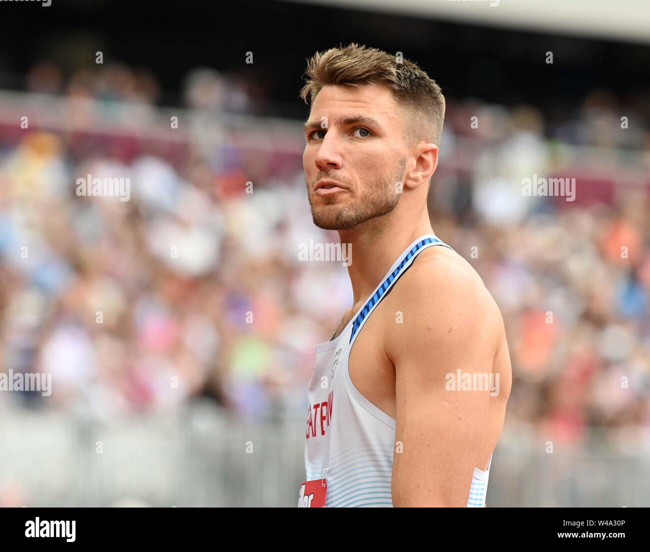London, UK. 21st July, 2019. Andrew Pozzi (GBR) at the end of the mens ...